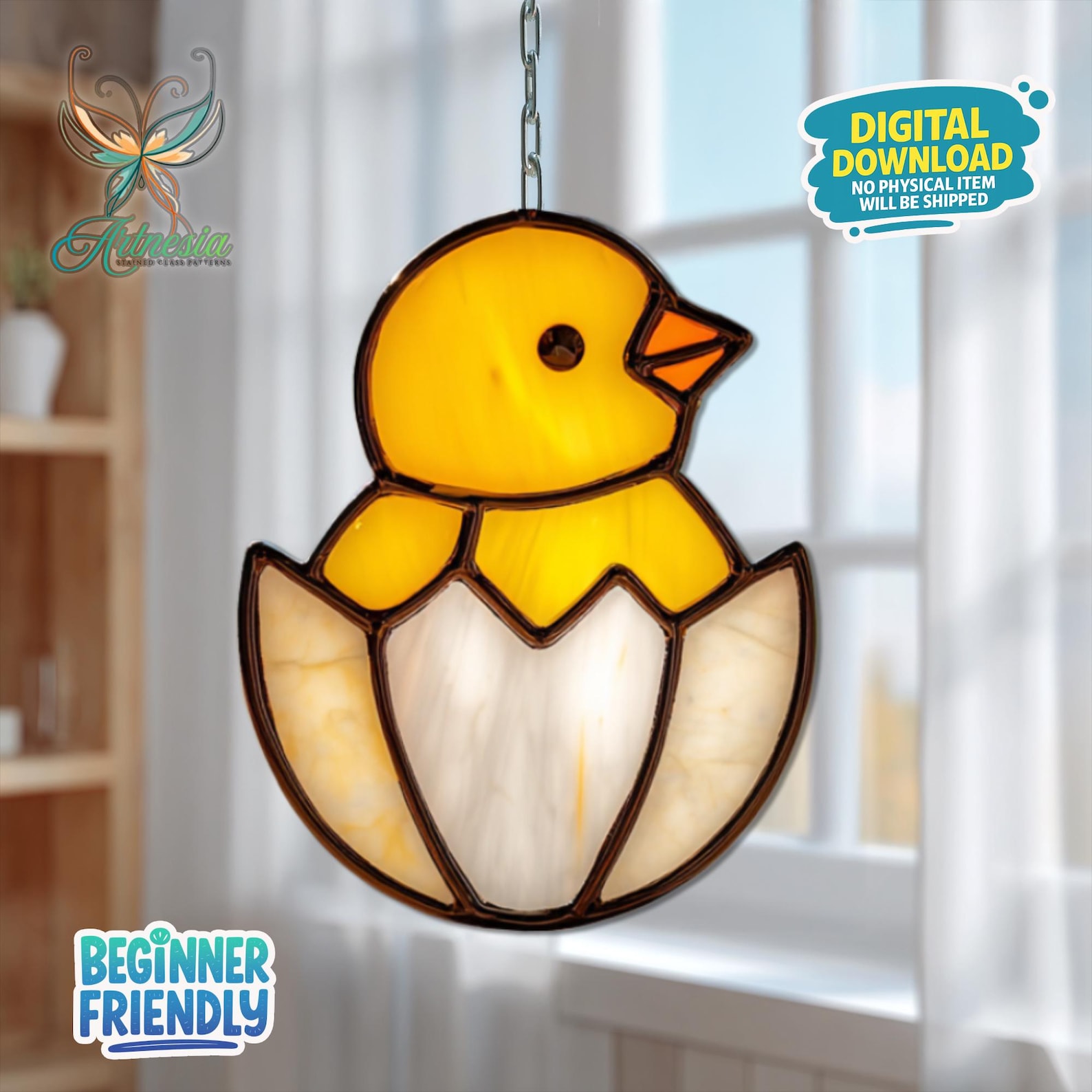 Baby Chick Stained Glass Pattern, Cute Chick Suncatcher, Stained Glass ...