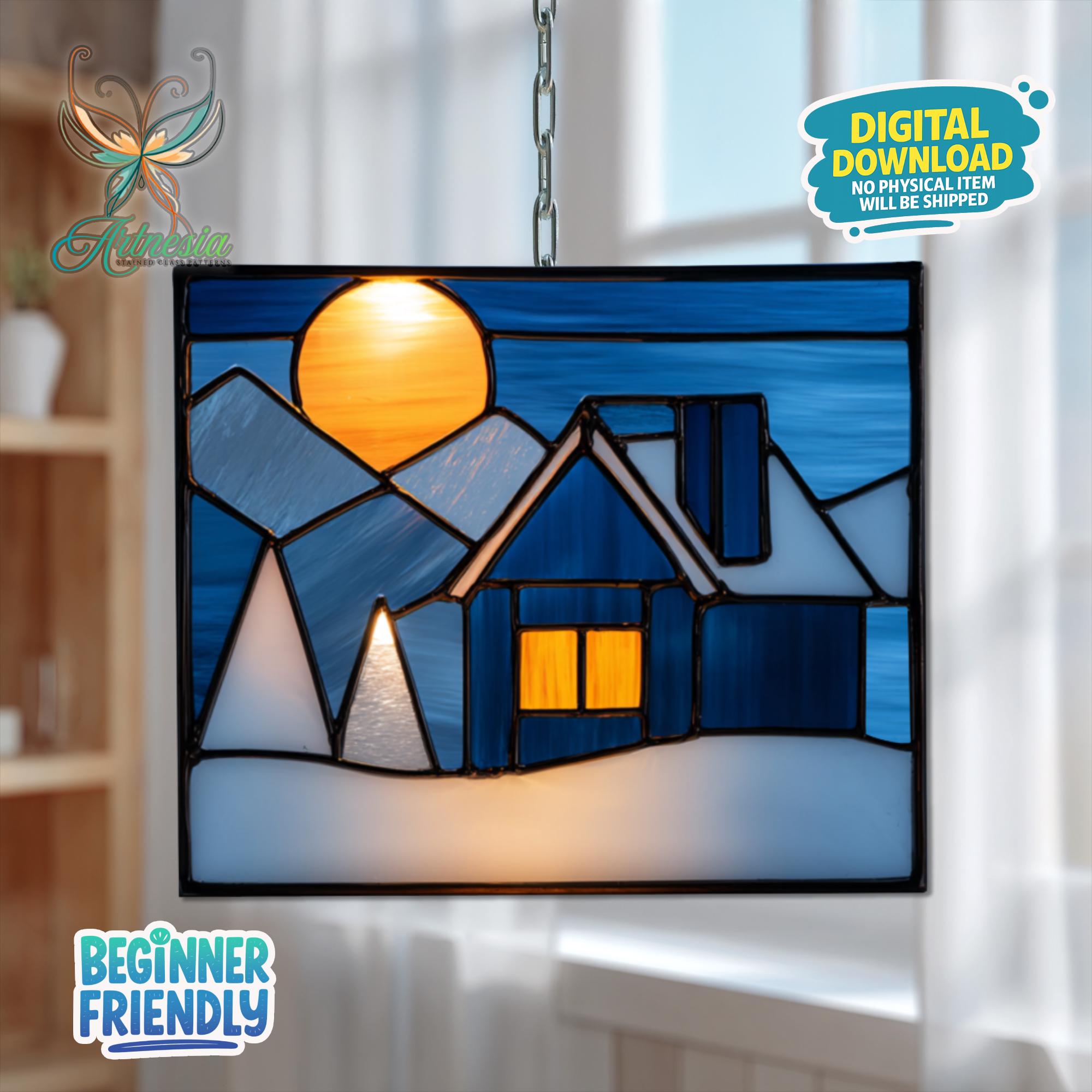 Mountain Cabin Stained Glass Pattern, Mountain Suncatcher, Stained ...