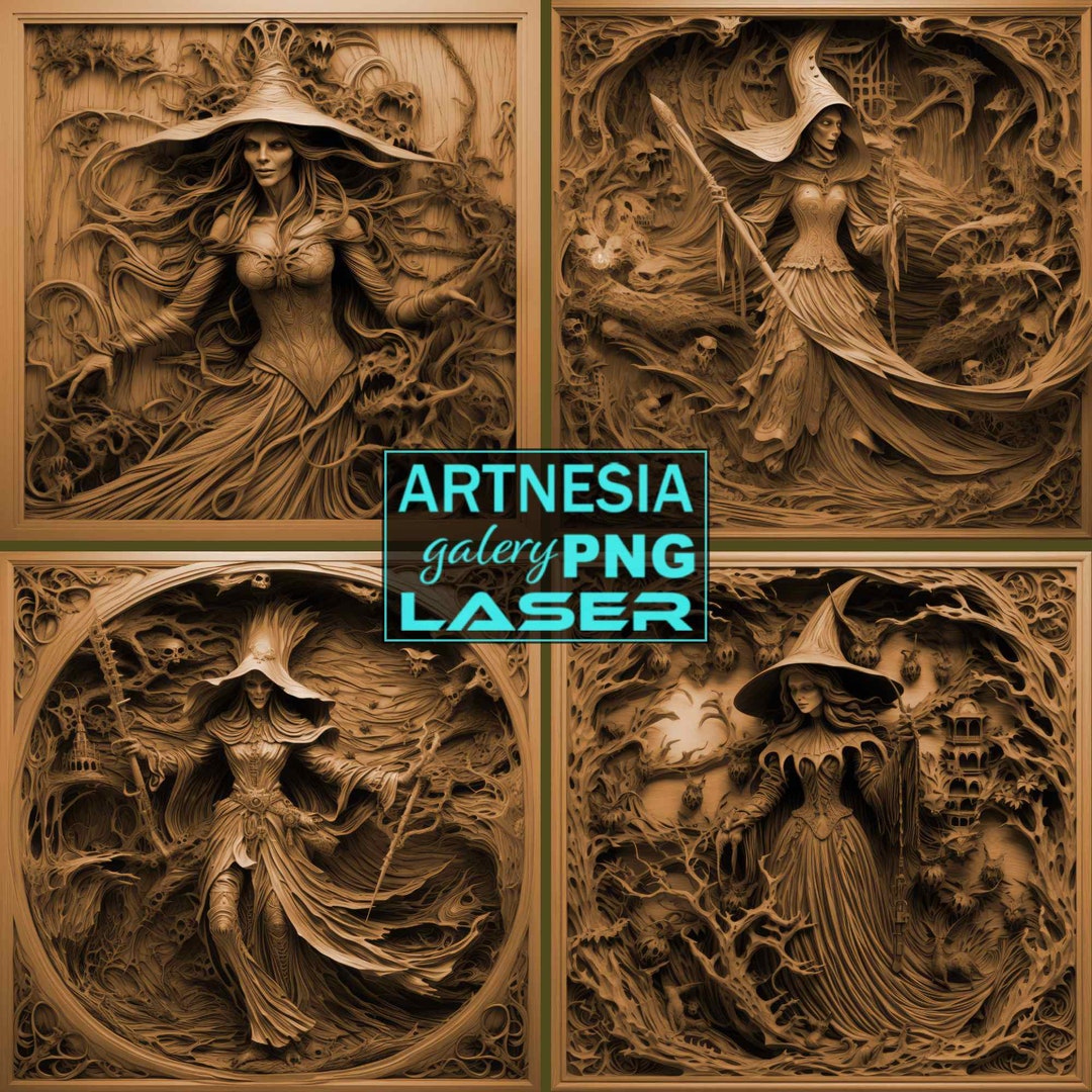 4 Witch 3D Illusion PNG Laser Burn File, Digital Relief Design ...