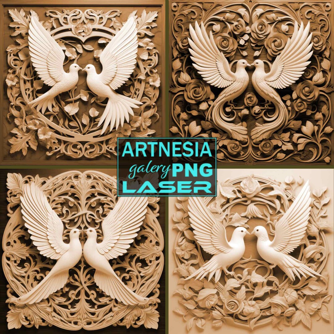 4 Dove 3D Illusion PNG Laser Burn File, Digital Relief Design, Engraved ...