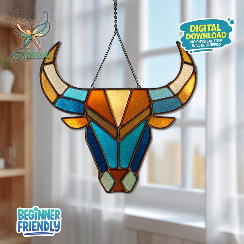 Taurus Bull Stained Glass Pattern, Bull Suncatcher, Skull Stained Glass ...