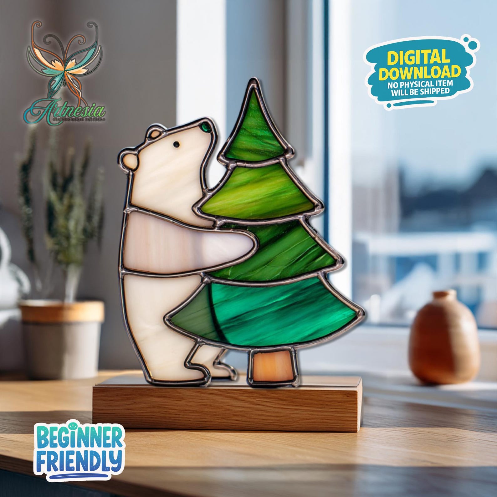 Bear Hugging a Tree Stained Glass Pattern, Bear Suncatcher, Tree ...