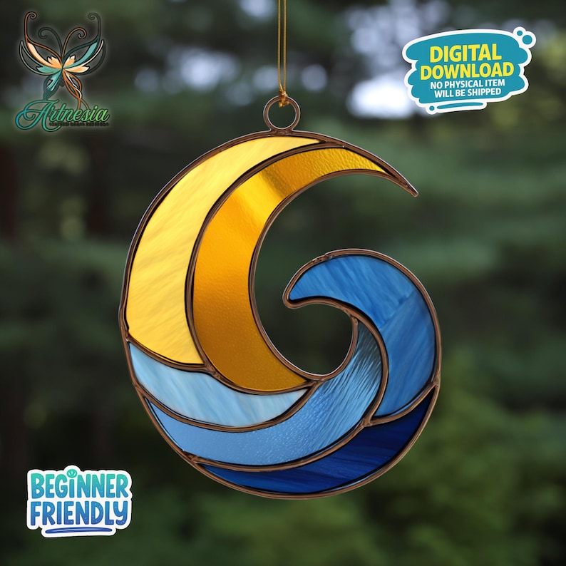 Crescent Moon With Wave Stained Glass Pattern, Moon Suncatcher, Stained ...