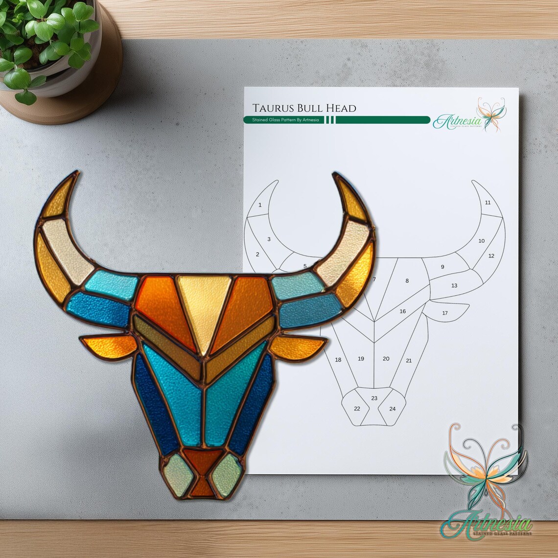 Taurus Bull Stained Glass Pattern, Bull Suncatcher, Skull Stained Glass ...