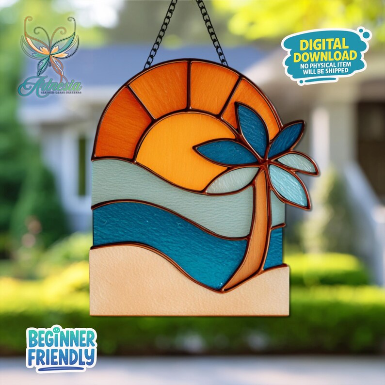 Beach Sunset Stained Glass Pattern, Beach Suncatcher, Stained Glass ...