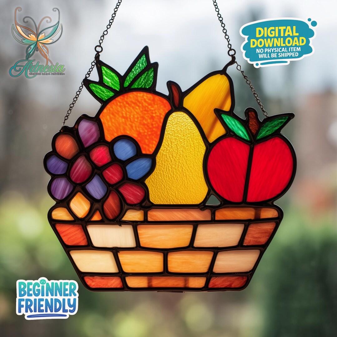 Basket Fruits Stained Glass Pattern, Fruits Suncatcher, Stained Glass ...