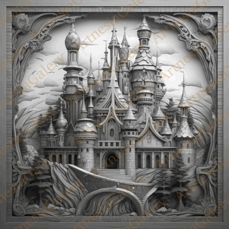4 Castle 3D Illusion PNG Laser Burn File, Digital Relief Design ...