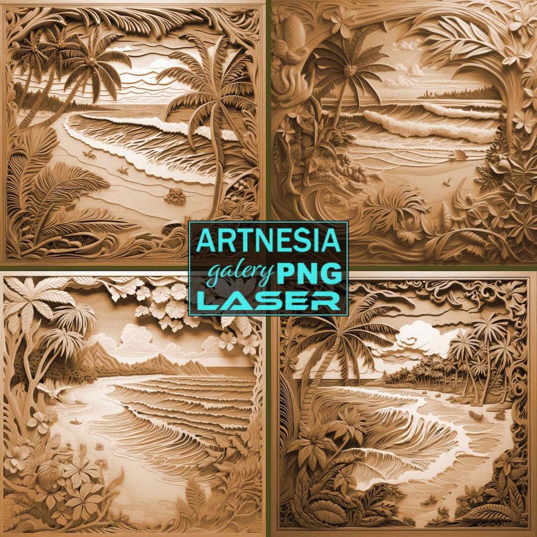 4 Tropical Beach 3D Illusion PNG Laser Burn File, Digital Relief Design ...