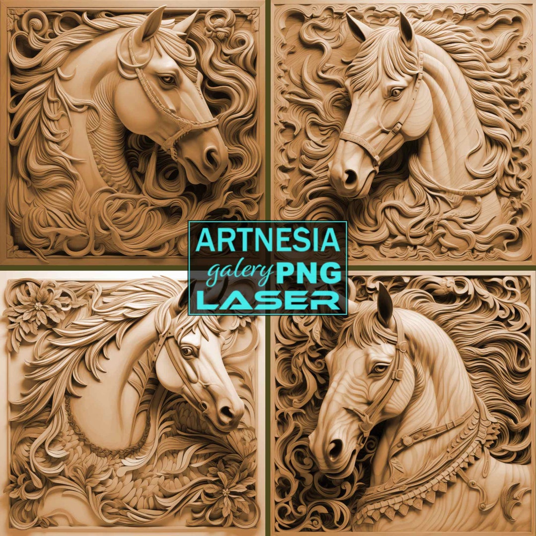 4 Horse 3D Illusion PNG Laser Burn File, Digital Relief Design ...
