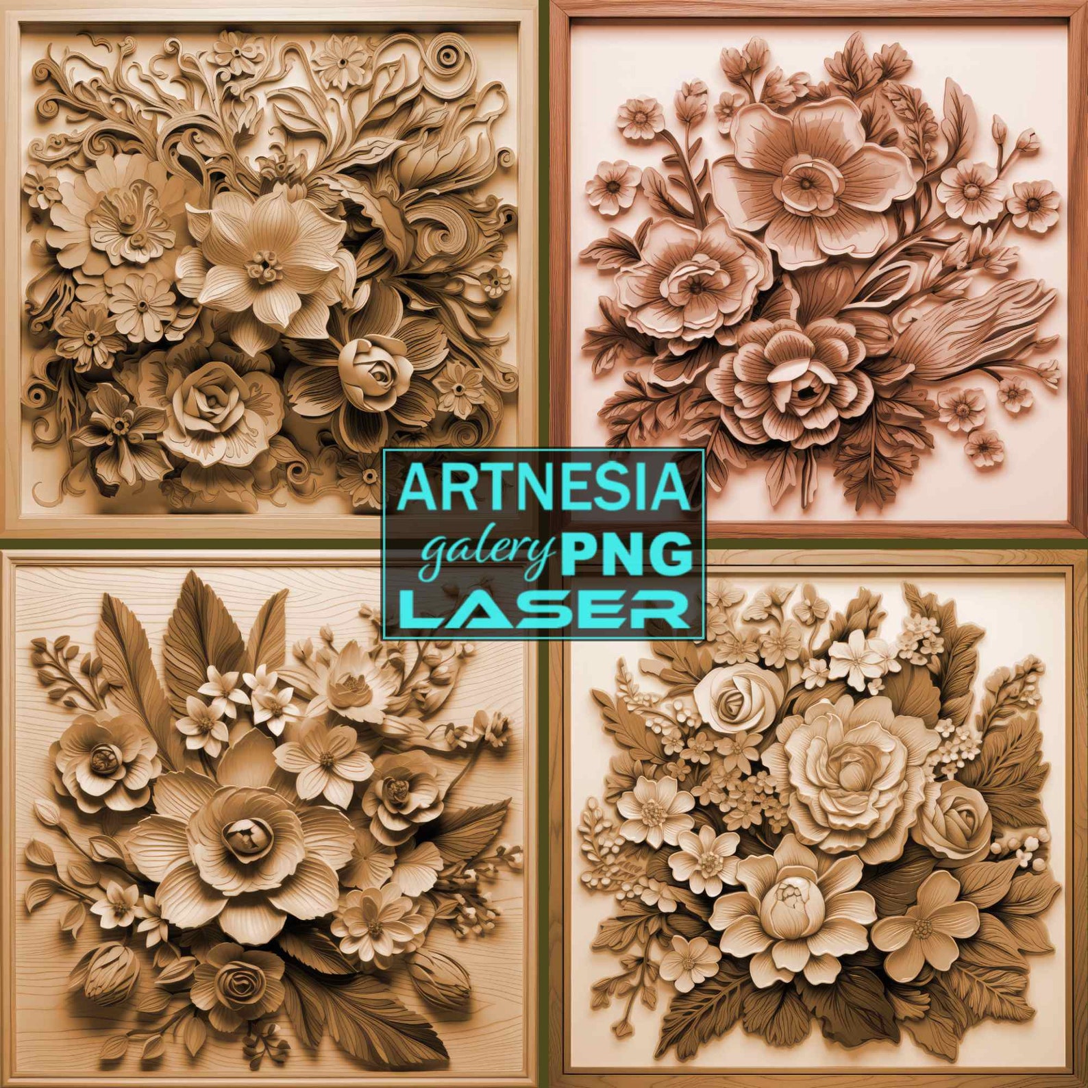 4 Flower Bouquet 3D Illusion PNG Laser Burn File, Digital Relief Design ...