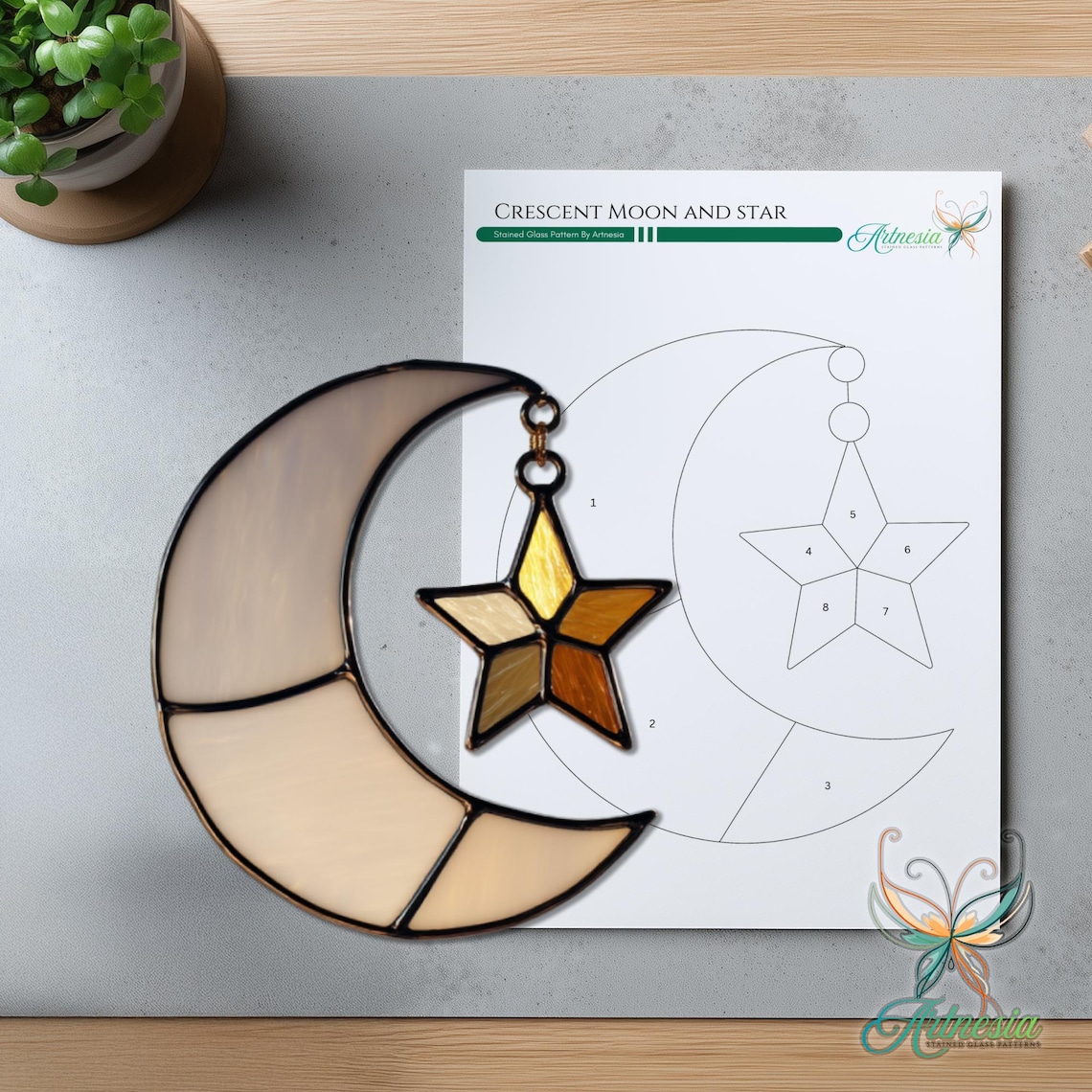 Crescent Moon and Star Stained Glass Pattern, Moon Suncatcher, Moon ...