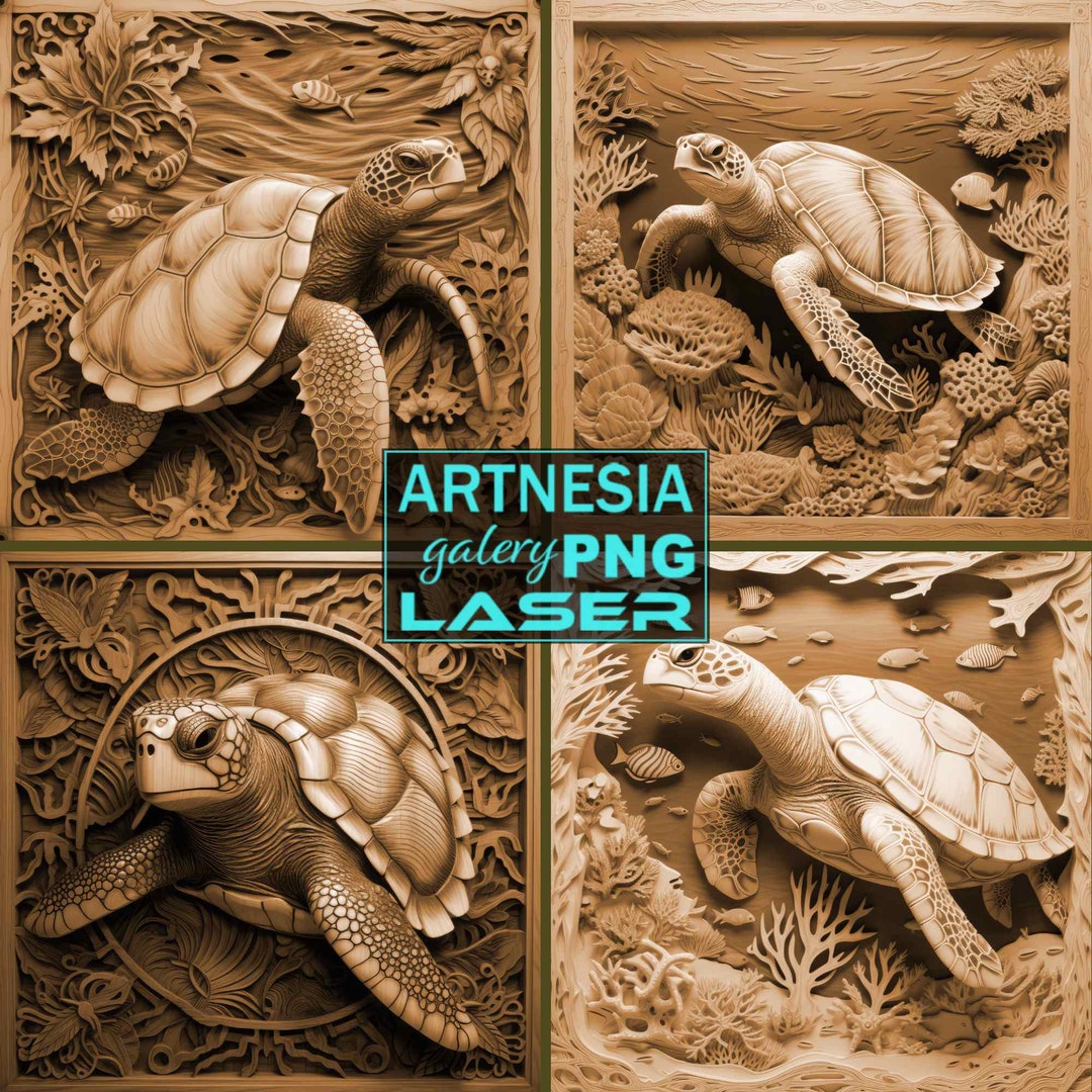 4 Turtle 3D Illusion PNG Laser Burn File, Digital Relief Design ...