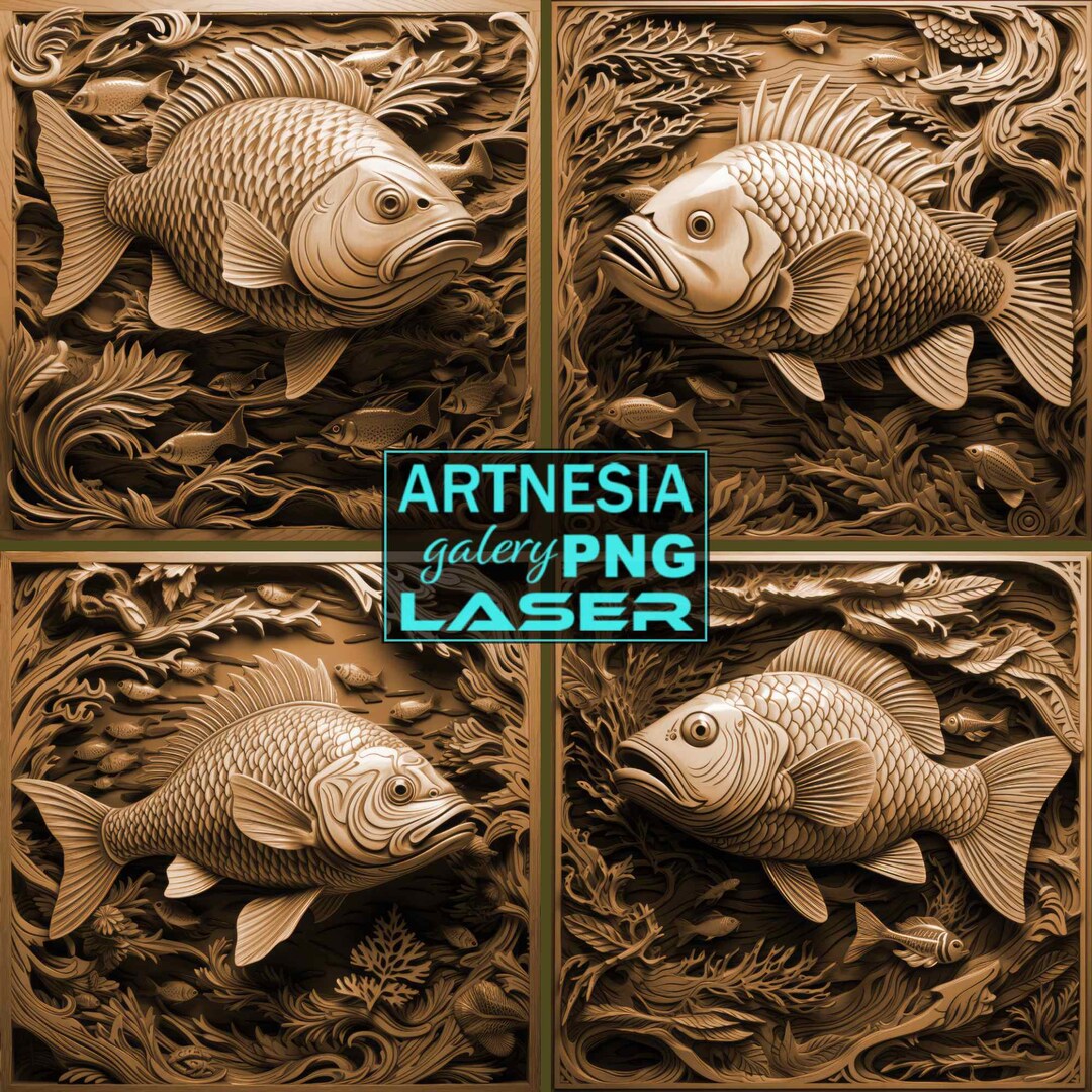4 Bass Fish 3D Illusion PNG Laser Burn File, Digital Relief Design ...
