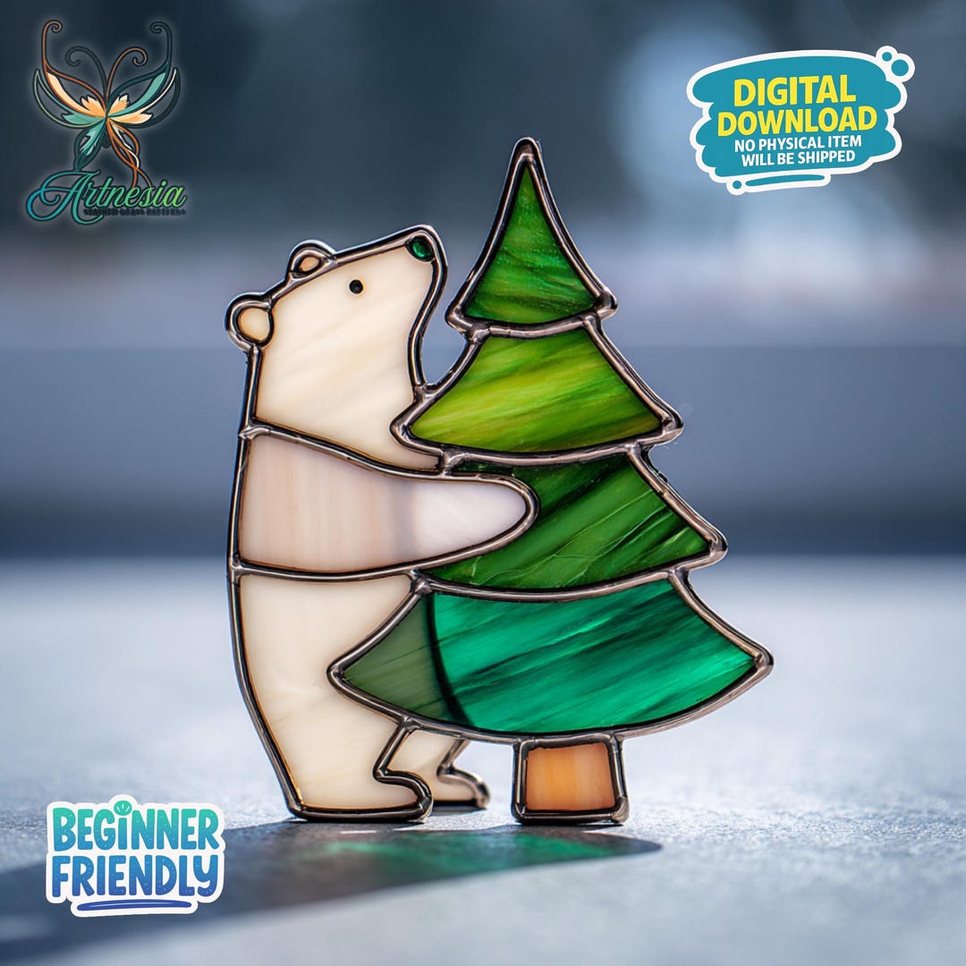 Bear Hugging a Tree Stained Glass Pattern, Bear Suncatcher, Tree ...