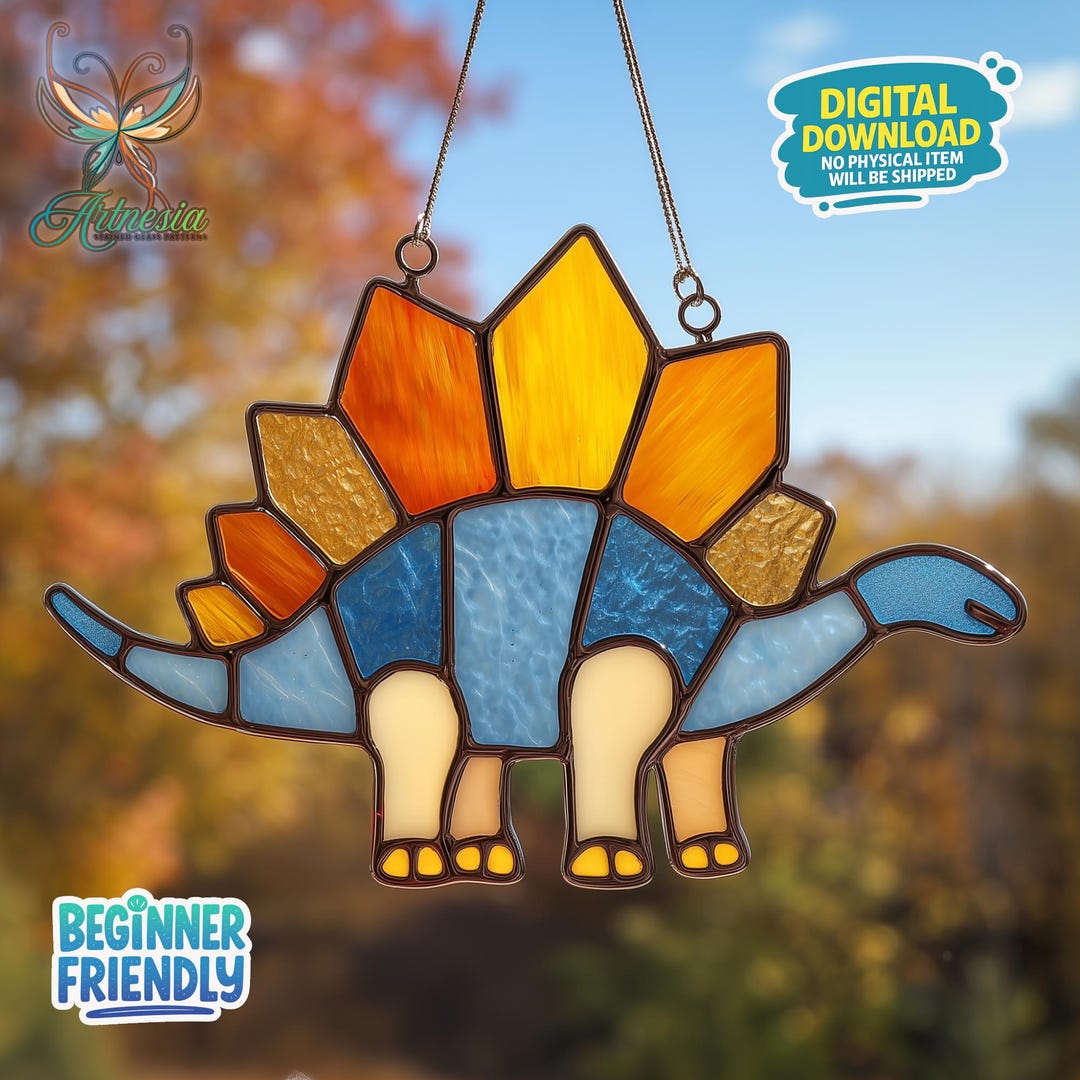 Stegosaurus Stained Glass Pattern, Dinosaur Suncatcher, Stained Glas ...
