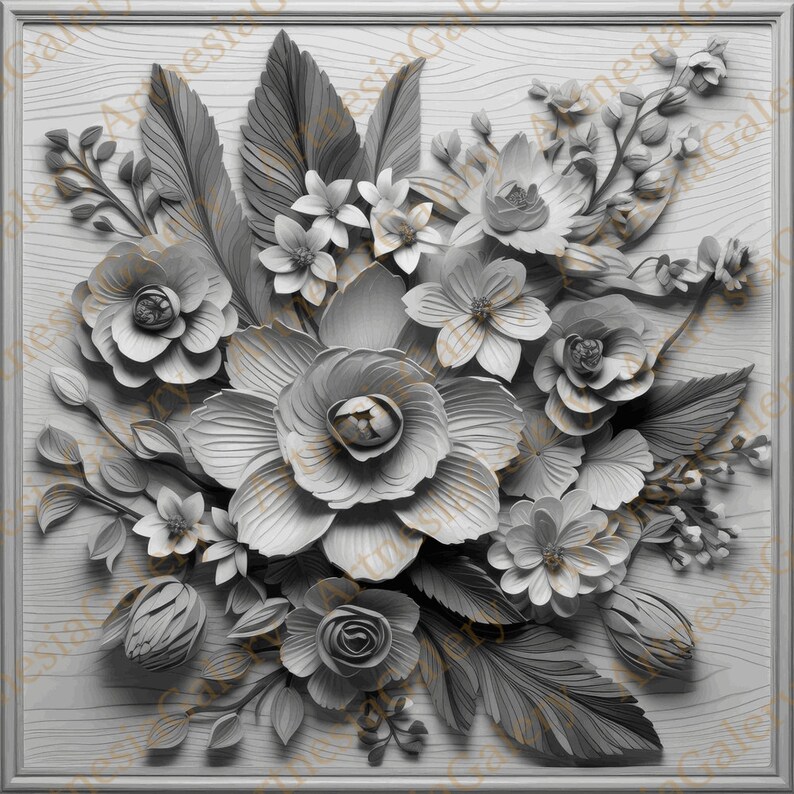4 Flower Bouquet 3D Illusion PNG Laser Burn File, Digital Relief Design ...