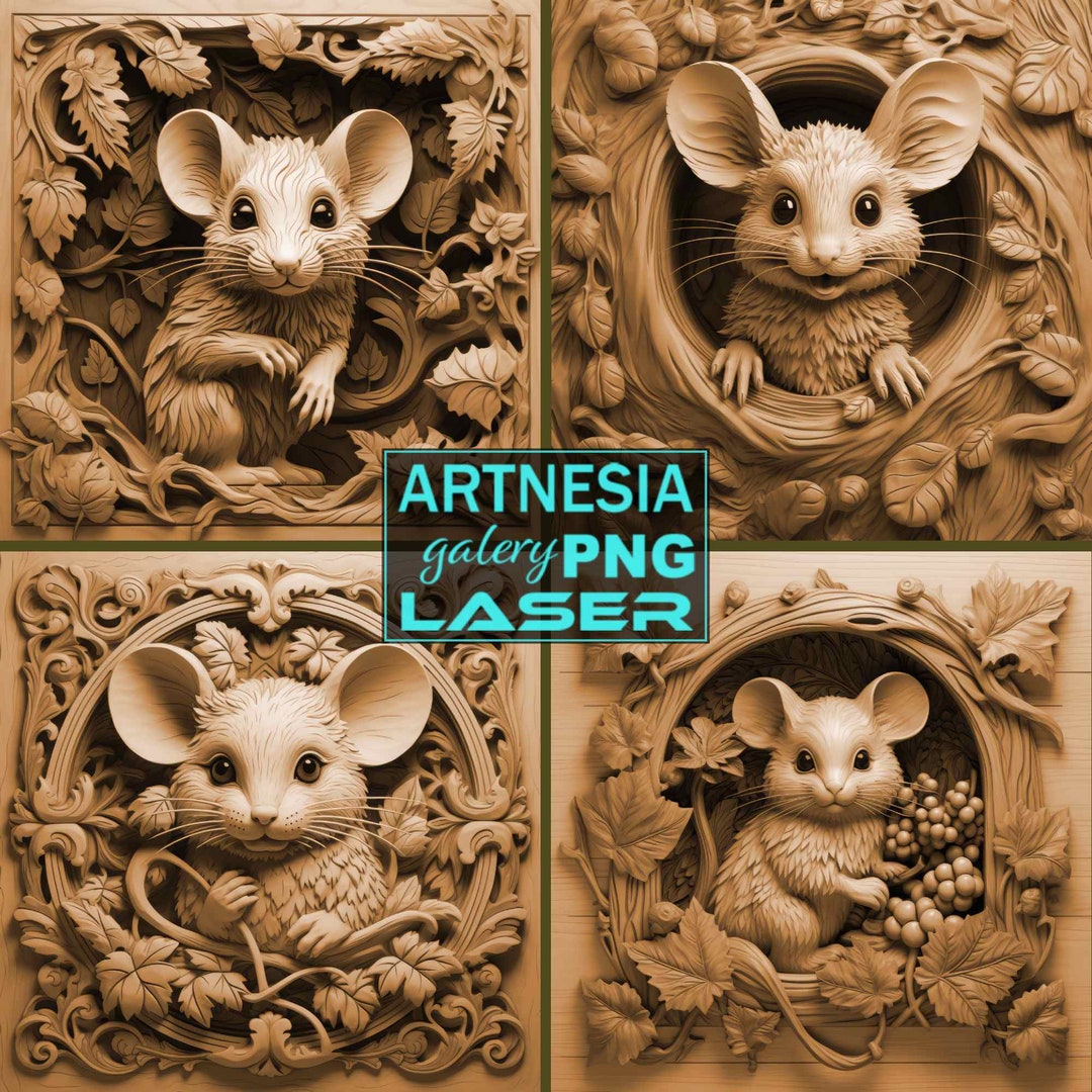 4 Cute Mouse 3D Illusion PNG Laser Burn File, Digital Relief Design ...