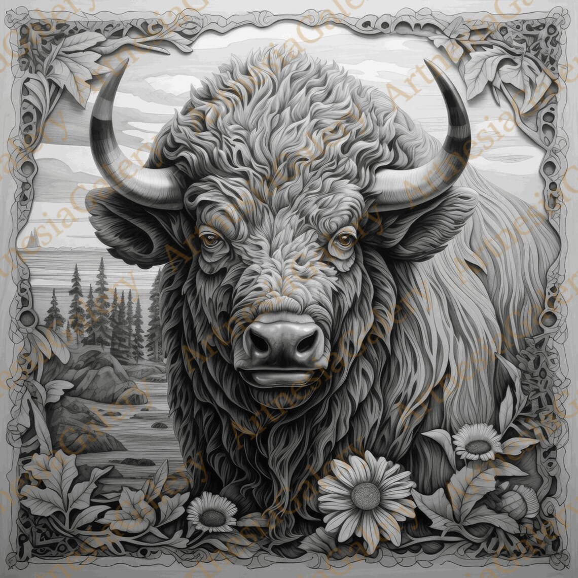 4 Bison 3D Illusion PNG Laser Burn File, Digital Relief Design ...
