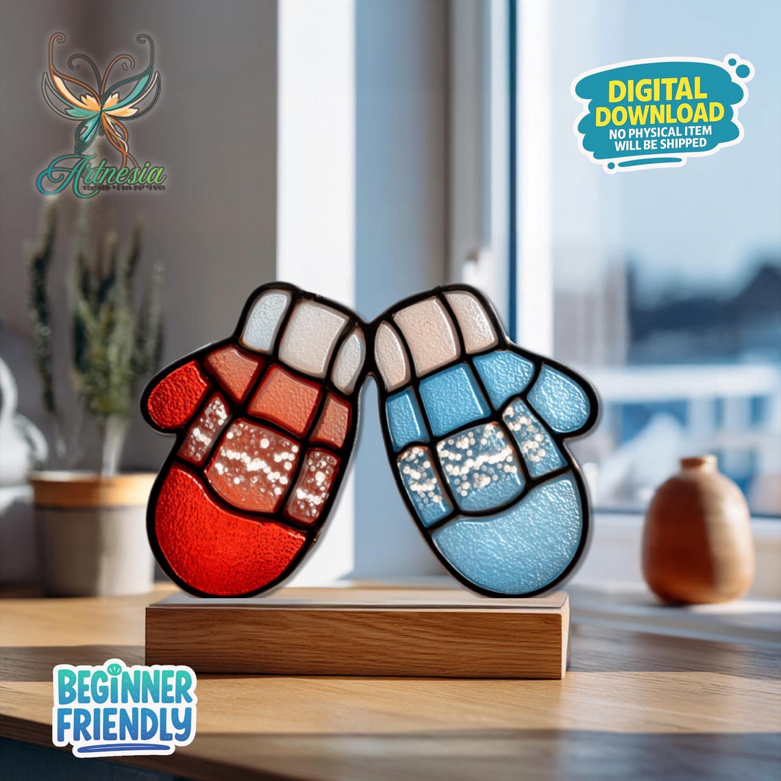Winter Mittens Stained Glass Pattern, Mittens Suncatcher, Gloves ...