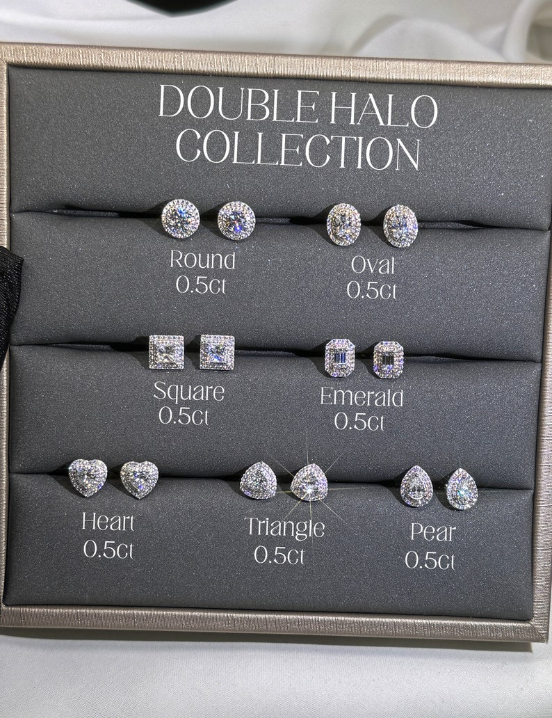 MOISSANITE Diamond Studs Earrings Iced Out Double Halo Round Cut GRA ...