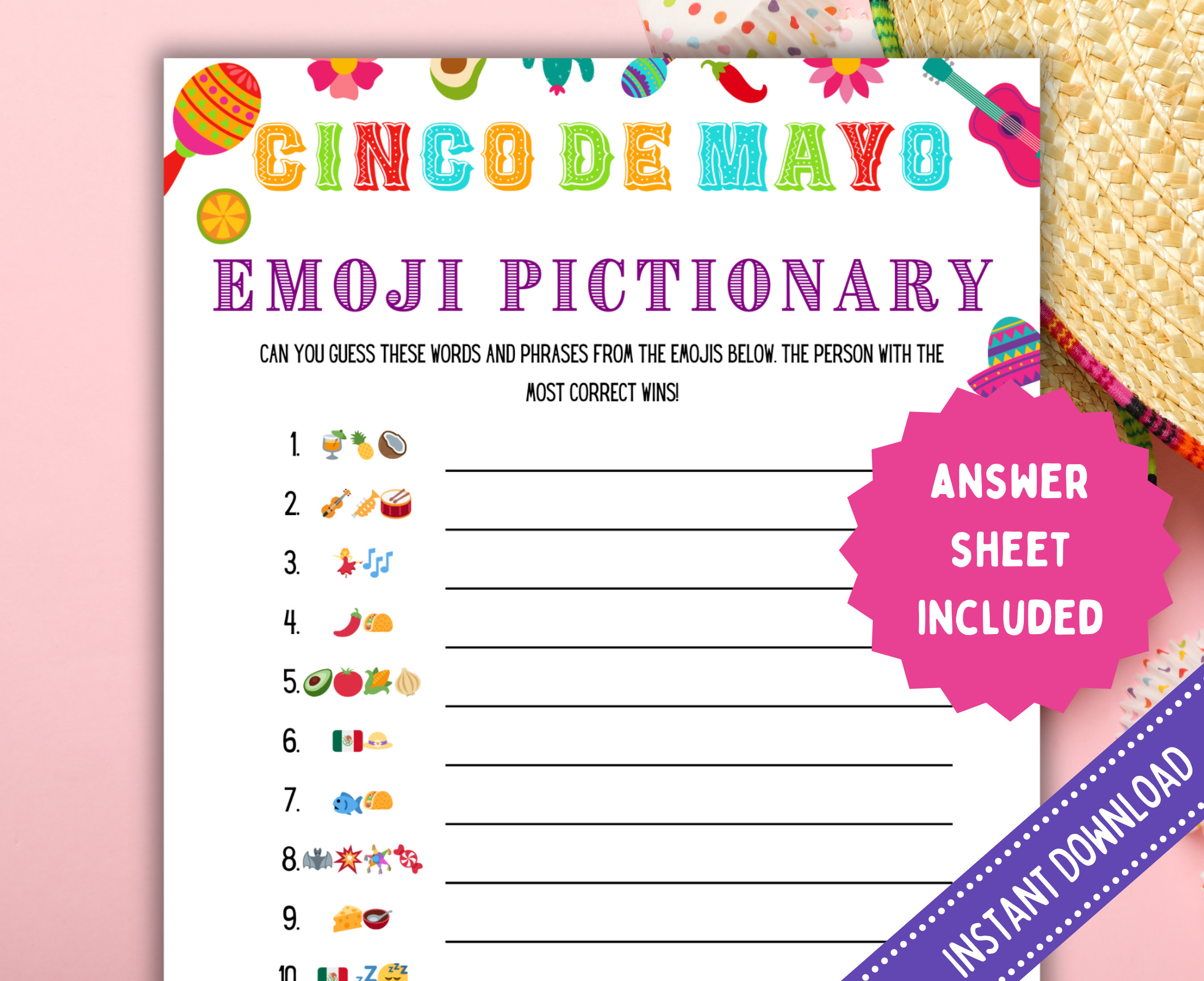 Cinco De Mayo Emoji Pictionary Game Printable, Fun Mexican Party Game ...