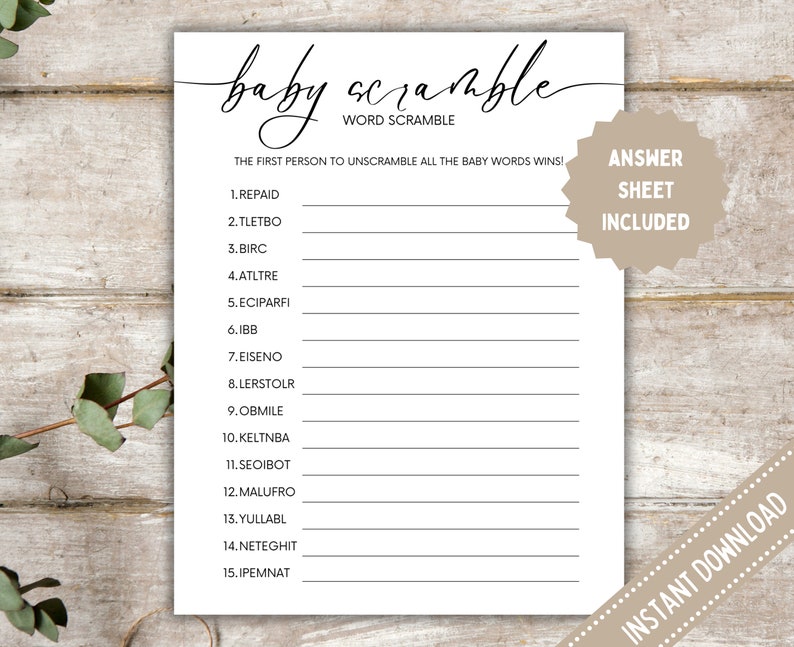 Baby Shower Word Scramble With Answer Key | Baby Shower Games Printable ...