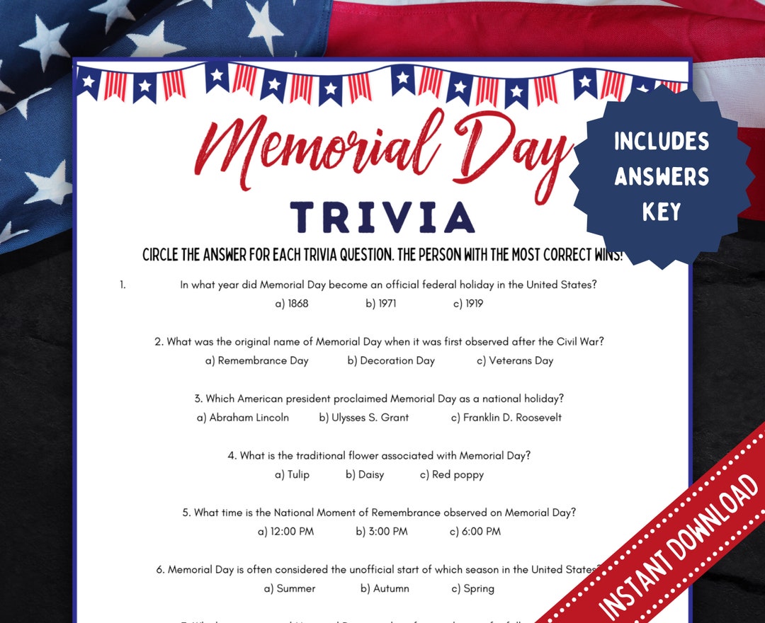 Buy Memorial Day Trivia, Fun Memorial Day Printable Game, Memorial Day ...