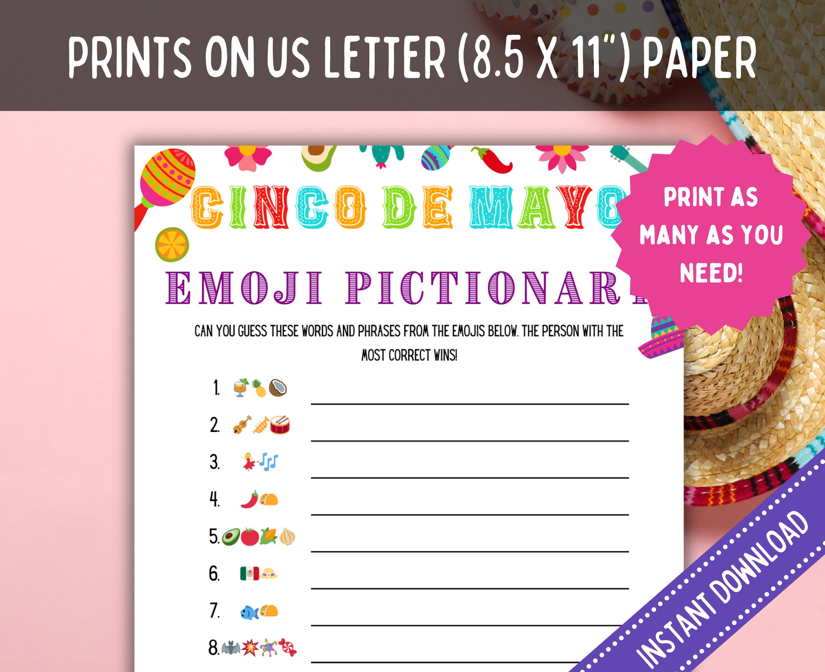 Cinco De Mayo Emoji Pictionary Game Printable, Fun Mexican Party Game ...
