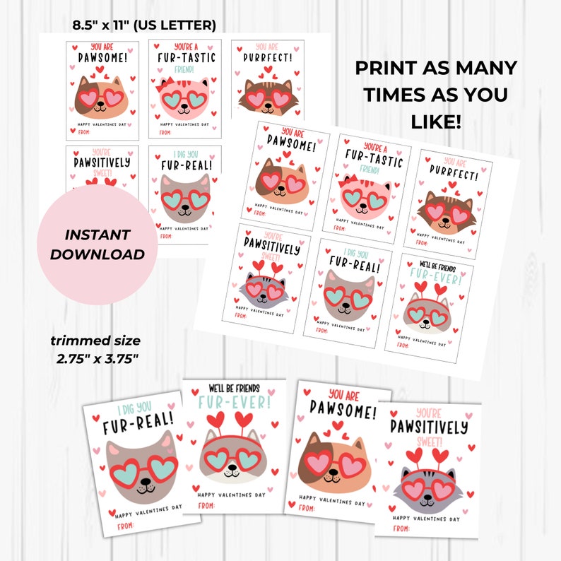 Printable Cat Pun Valentine's Day Cards: Kids Classroom Gift Tags ...