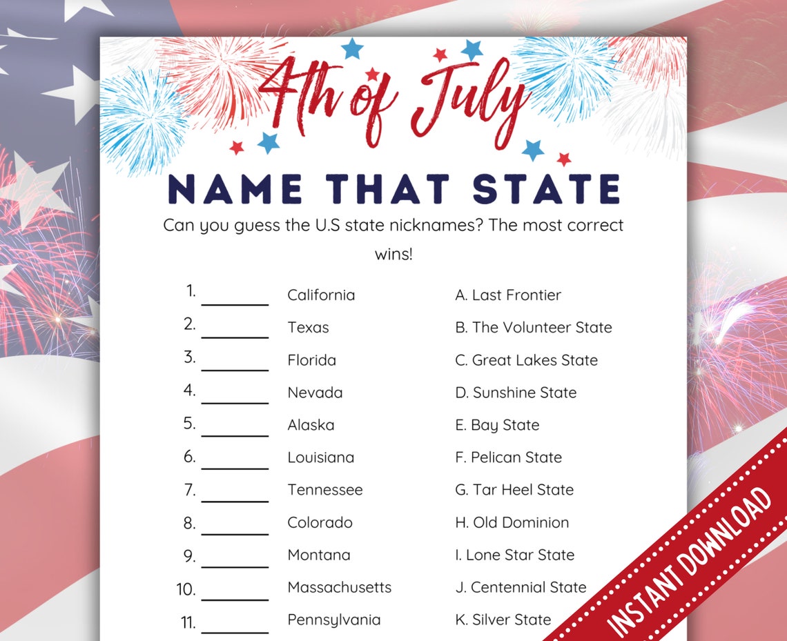 4th of July State Nickname Game July 4th Game Independence Day Game ...