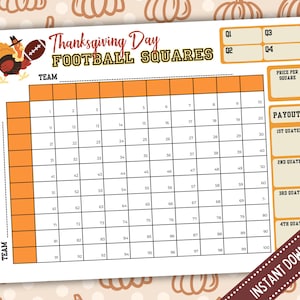 Thanksgiving Day Football Squares, Editable PDF Game, 50 Numbered ...