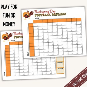 Thanksgiving Day Football Squares, Editable PDF Game, 50 Numbered ...