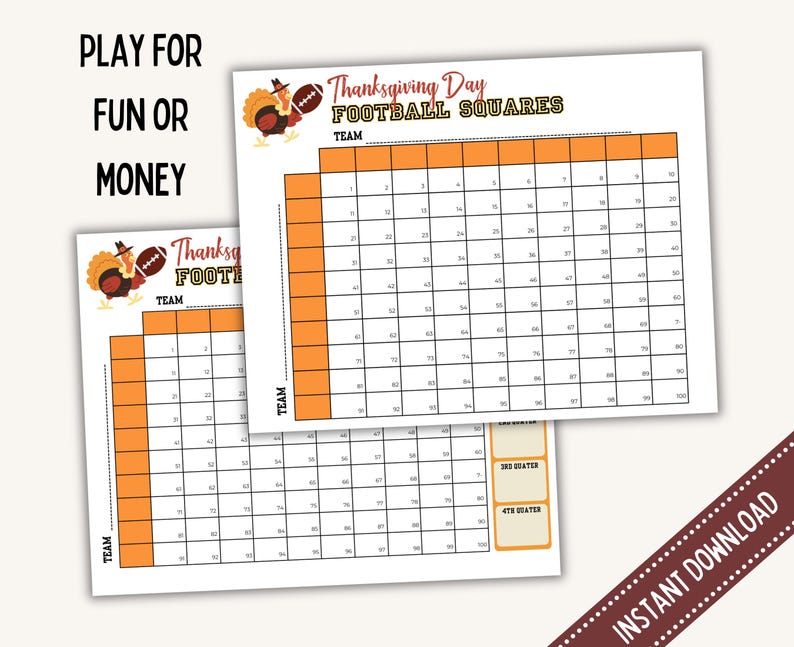 Thanksgiving Day Football Squares, Editable PDF Game, 50 Numbered ...