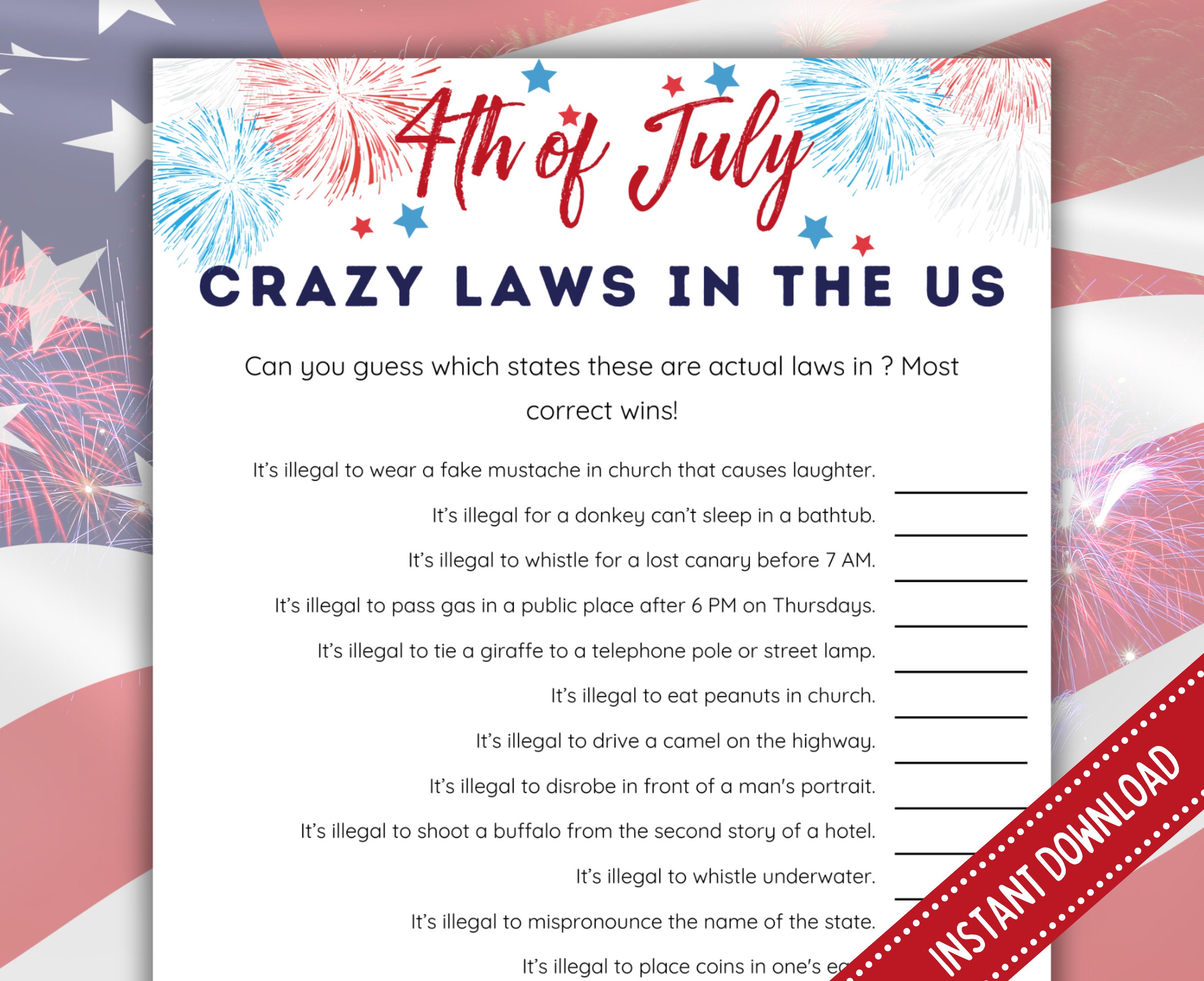 Funny 4th of July Game: Crazy Laws Trivia (printable) - Etsy