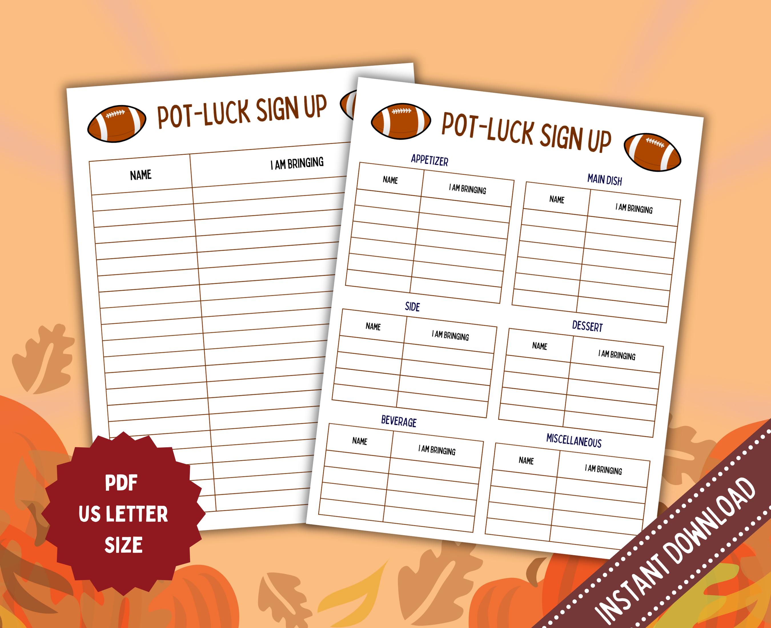 Football Potluck Sign up Sheet: Tailgate Party Printable (digital ...