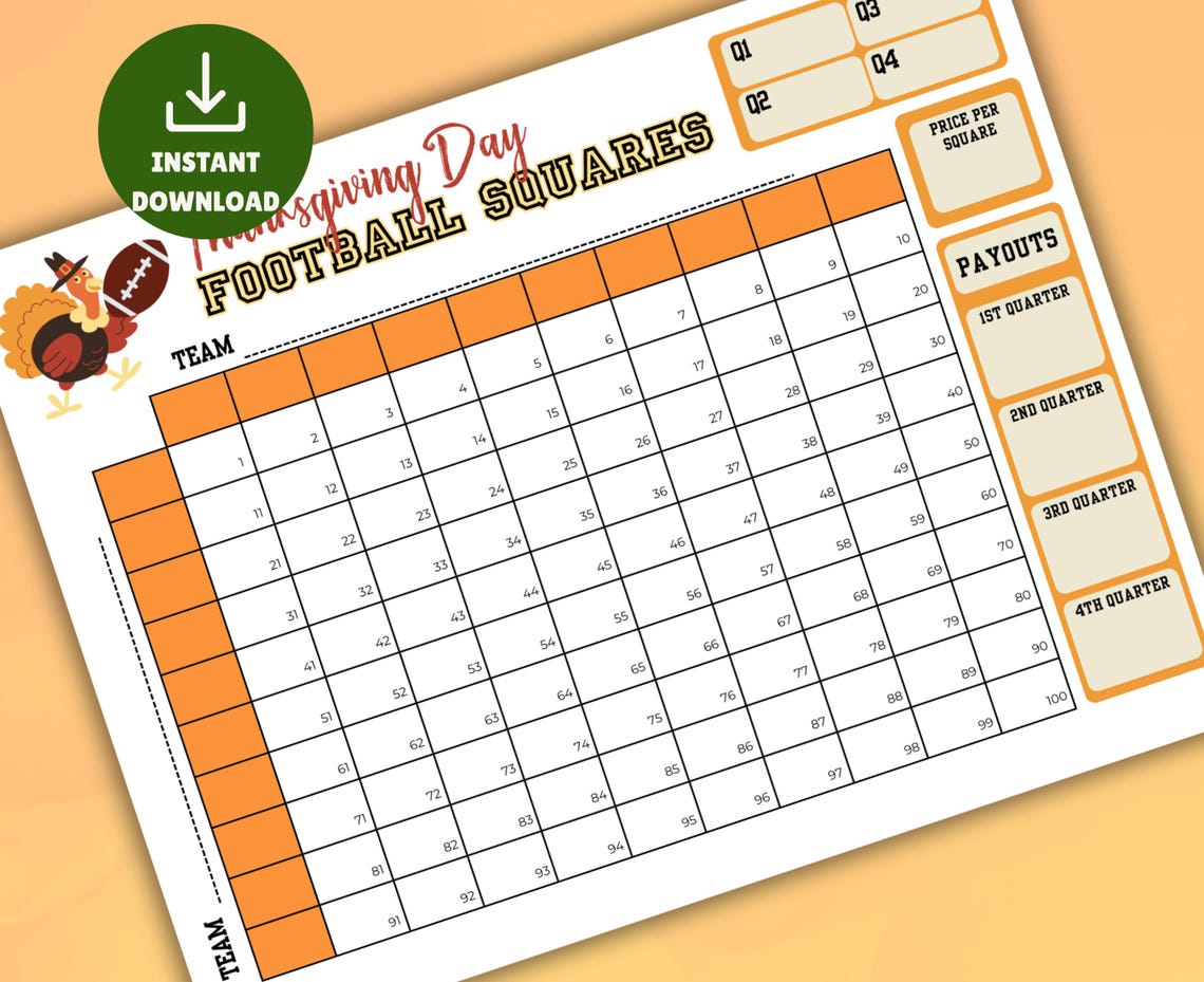 Thanksgiving Day Football Squares, Editable PDF Game, 50 Numbered ...