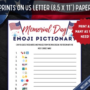 Memorial Day Emoji Pictionary, Fun Memorial Day Emoji Game for Kids ...