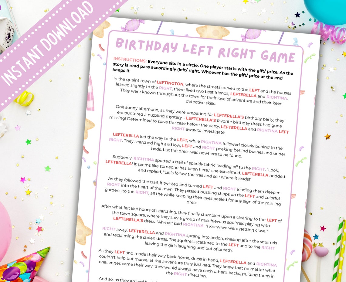 Pink Birthday Left Right Game Fun Girls Birthday Party Games for Kids ...