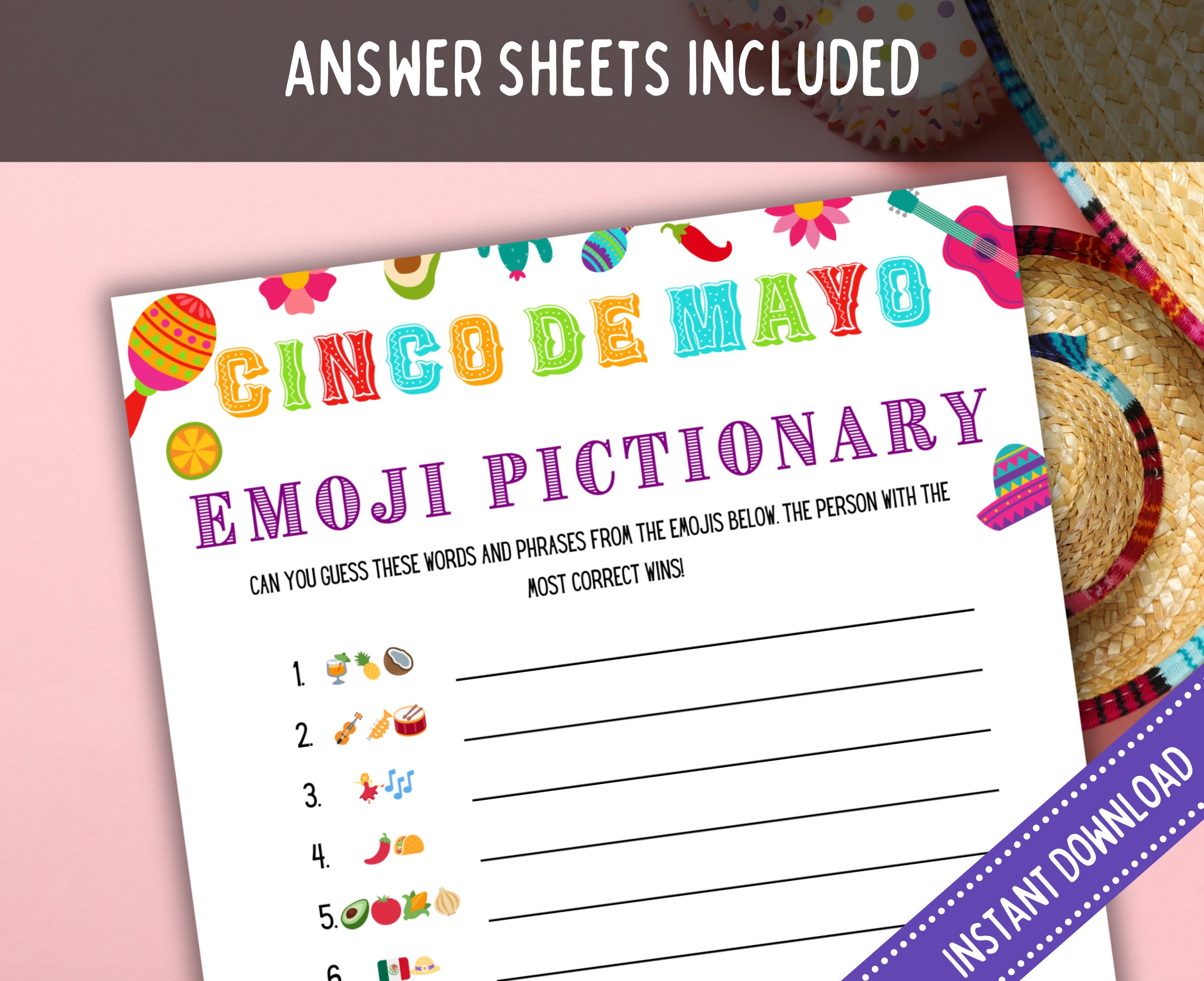 Cinco De Mayo Emoji Pictionary Game: Mexican Fiesta Party (digital ...