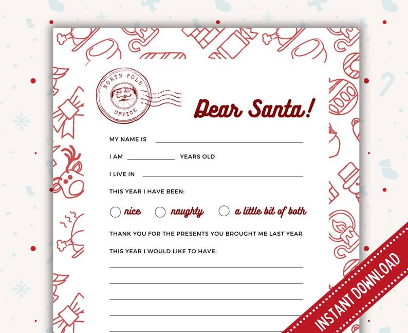 Letter to Santa: Christmas Wish List – Printable Holiday Template for ...