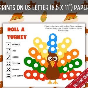 Roll A Turkey Dice Game, Printable Thanksgiving Game for Kids Adult ...