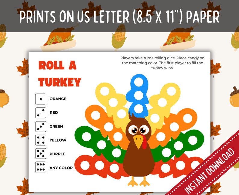 Roll A Turkey Dice Game, Printable Thanksgiving Game for Kids Adult ...