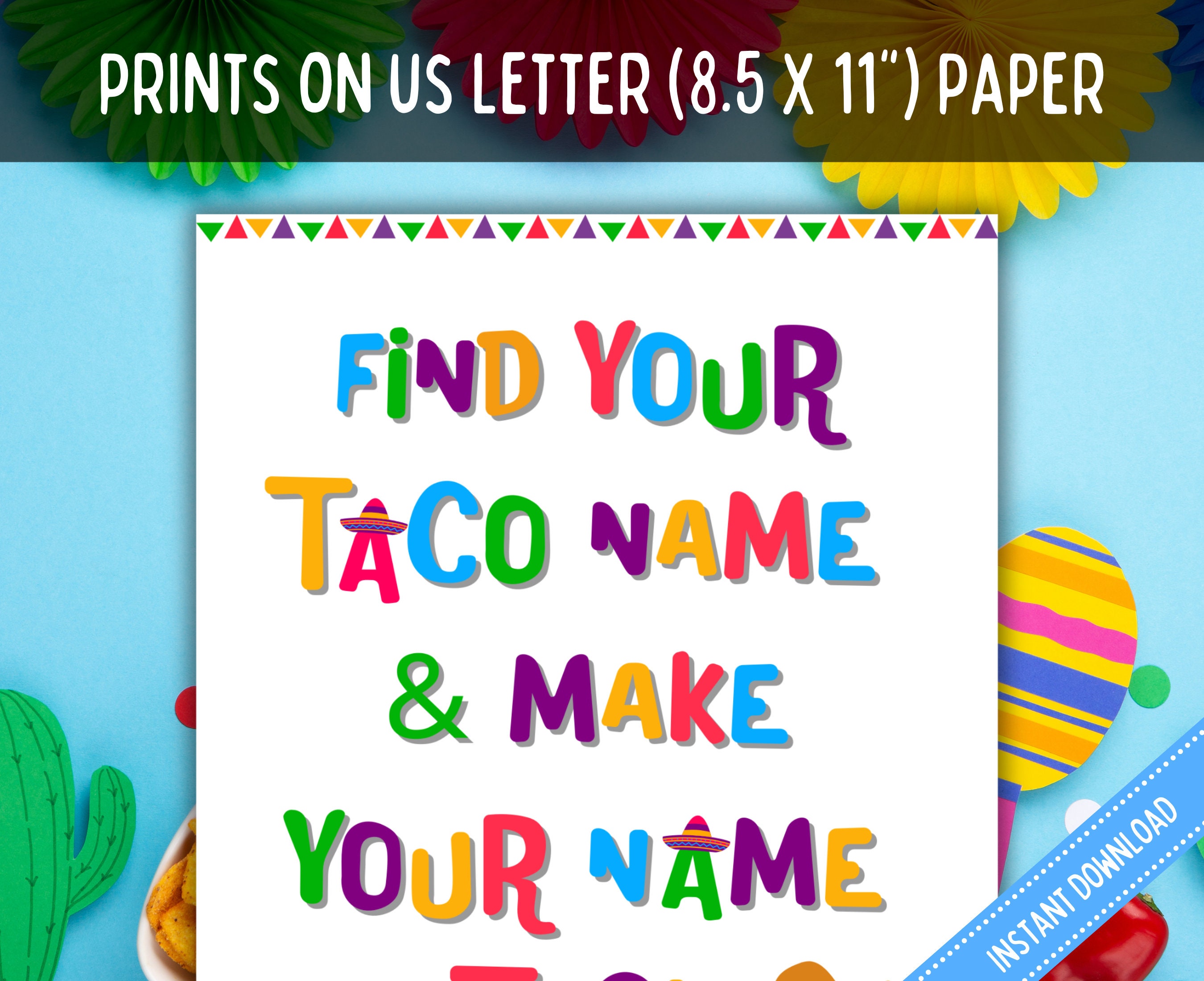 What's Your Taco Name Game WITH NAMETAGS & SIGN, Taco Party Game ...