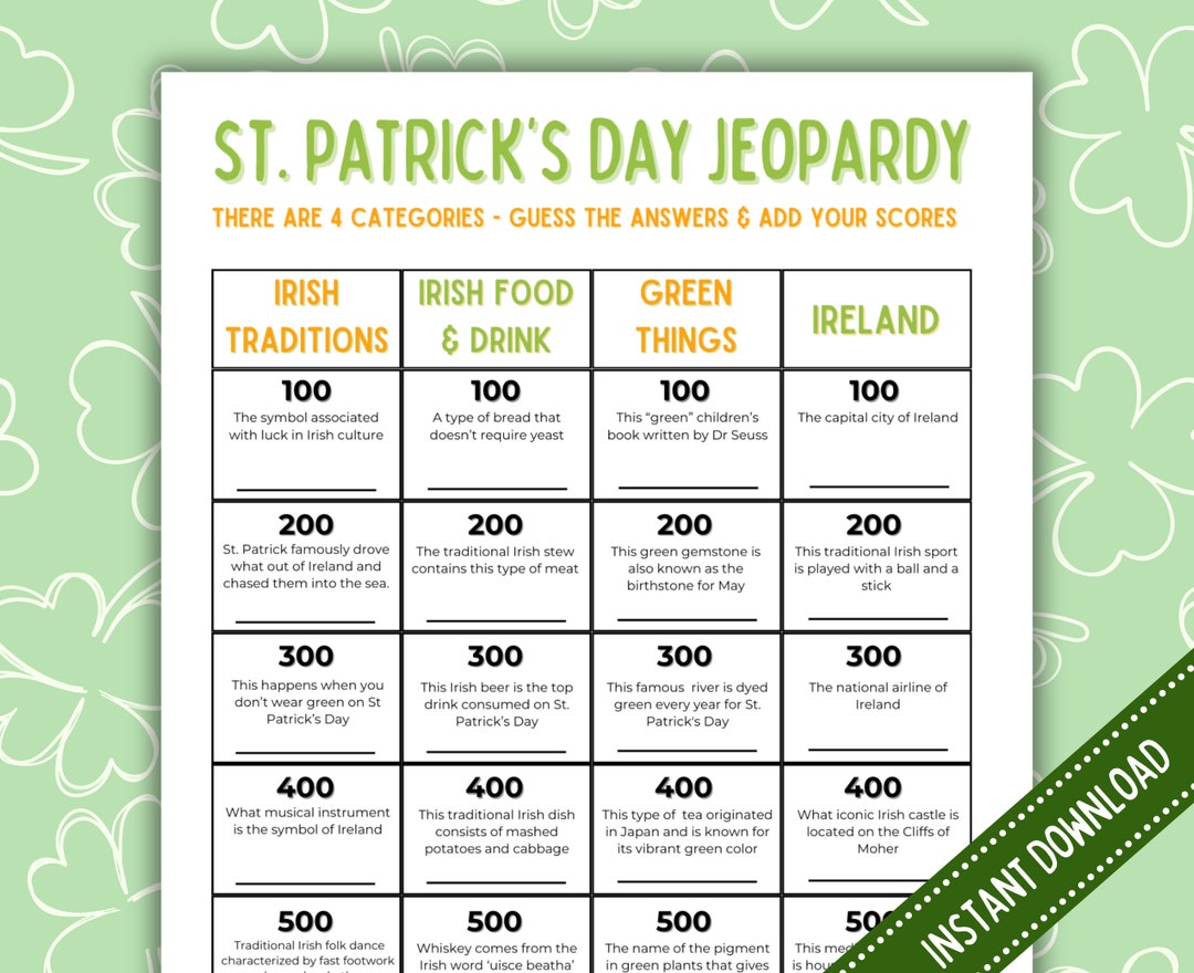 St. Patrick's Day Jeopardy Game: Trivia for All Ages (digital Download ...