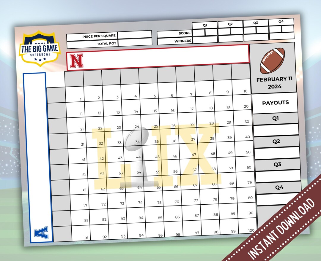 Super Big Game Football Squares | 100 Squares Football Pool | 2025 ...