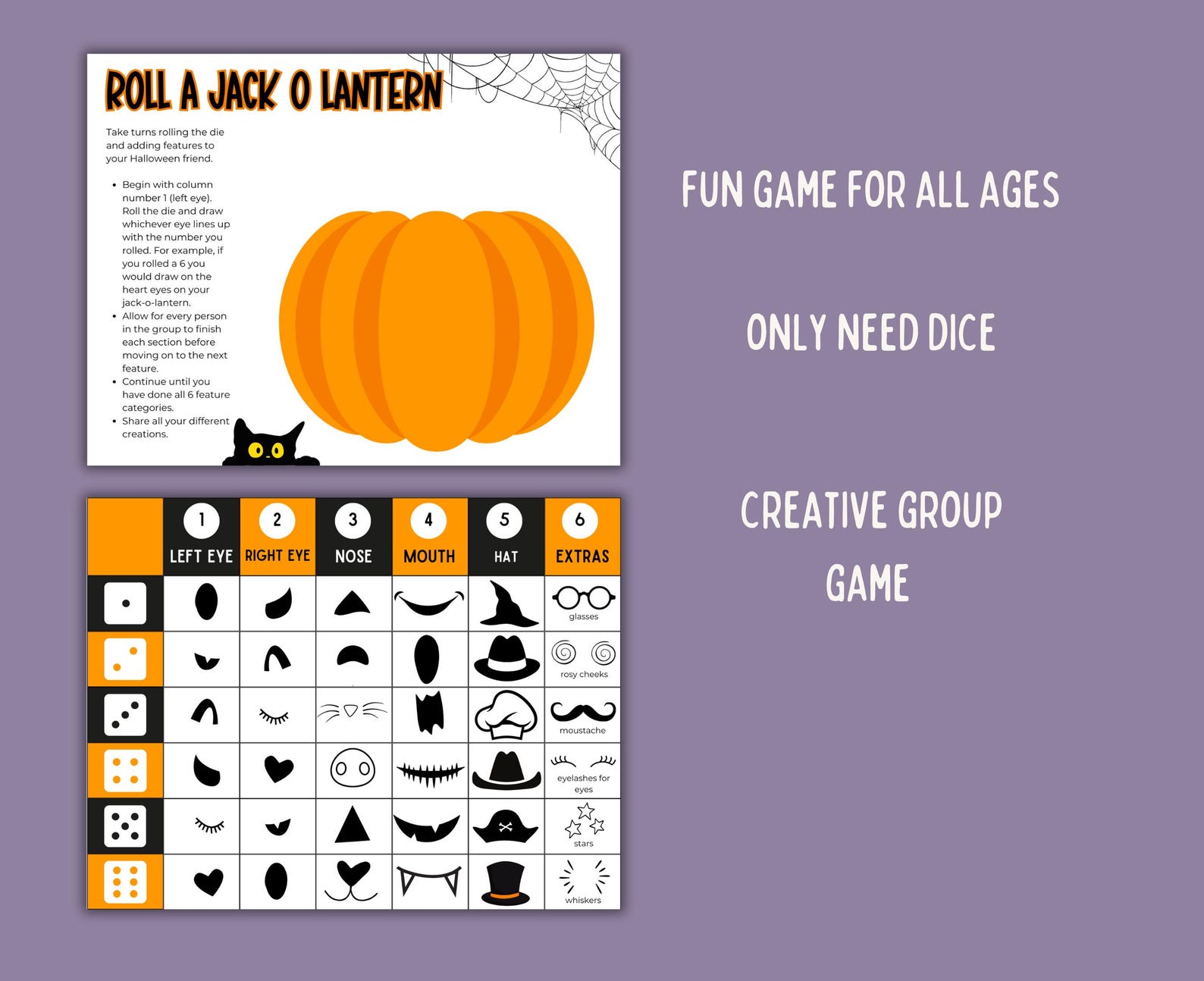 Roll a Jack-o'-lantern Printable, Halloween Roll a Pumpkin, Halloween ...