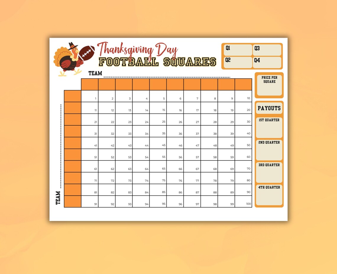 Thanksgiving Day Football Squares, Editable PDF Game, 50 Numbered ...