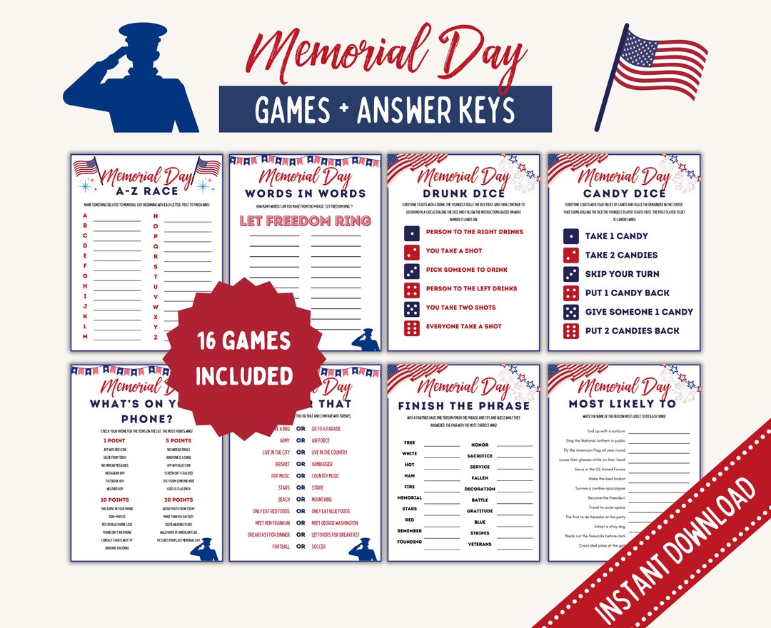 Memorial Day 16-game MEGA BUNDLE, Fun Memorial Day Party Games for Kids ...