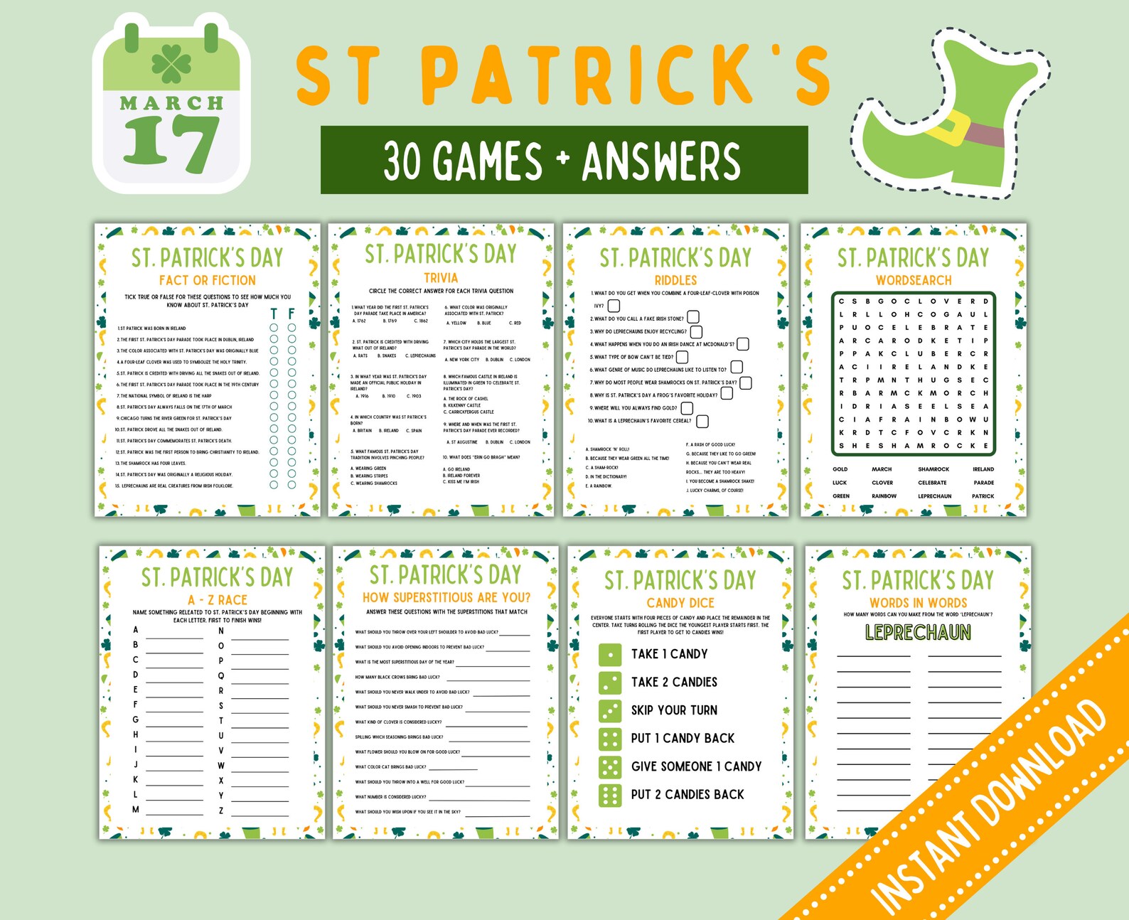 St Patricks Day 30-game MEGA BUNDLE, Fun St. Patrick's Day Party Games ...