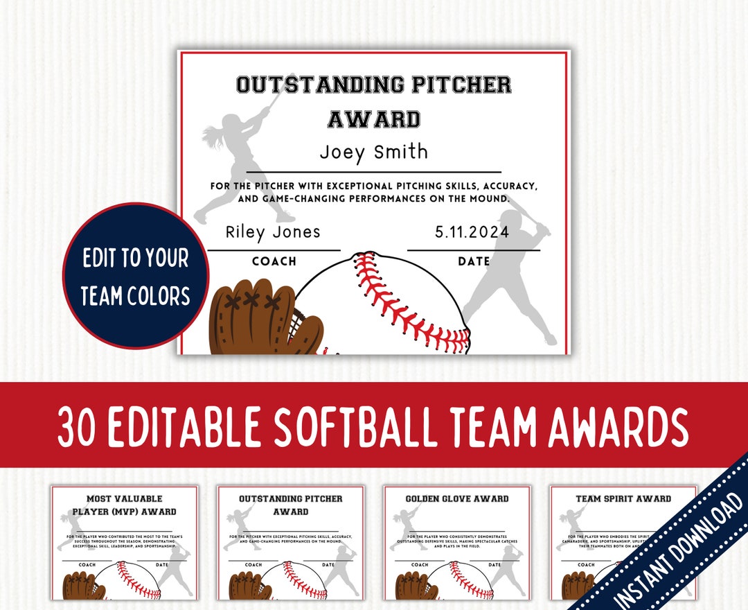 Editable Softball Award Certificates, Softball Team Awards, Softball ...